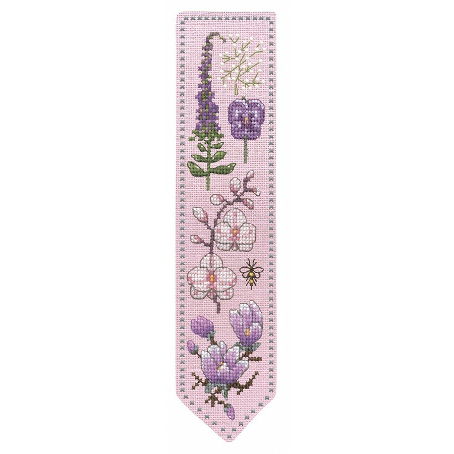 Набор для вышивания закладки Bookmark Pink Flowers (Розовые цветы), 5 х 20 см