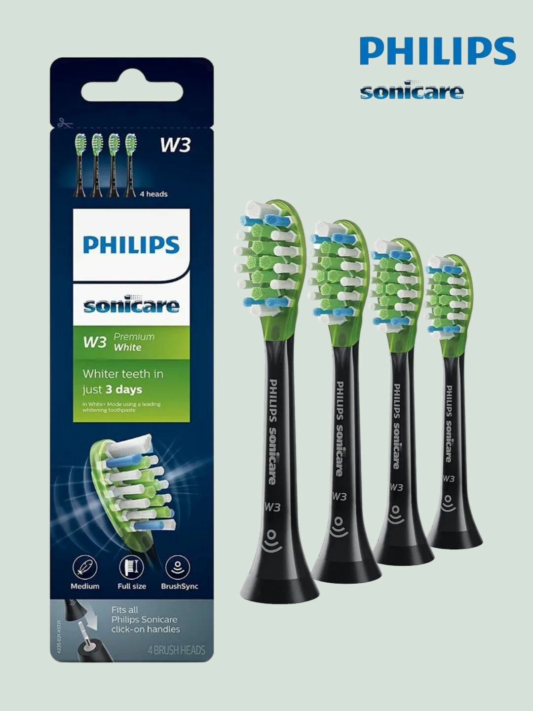 Сменные головки для зубных щеток Philips Sonicare Genuine W3 Premium White, HX9064/95, черное, 4 шт.