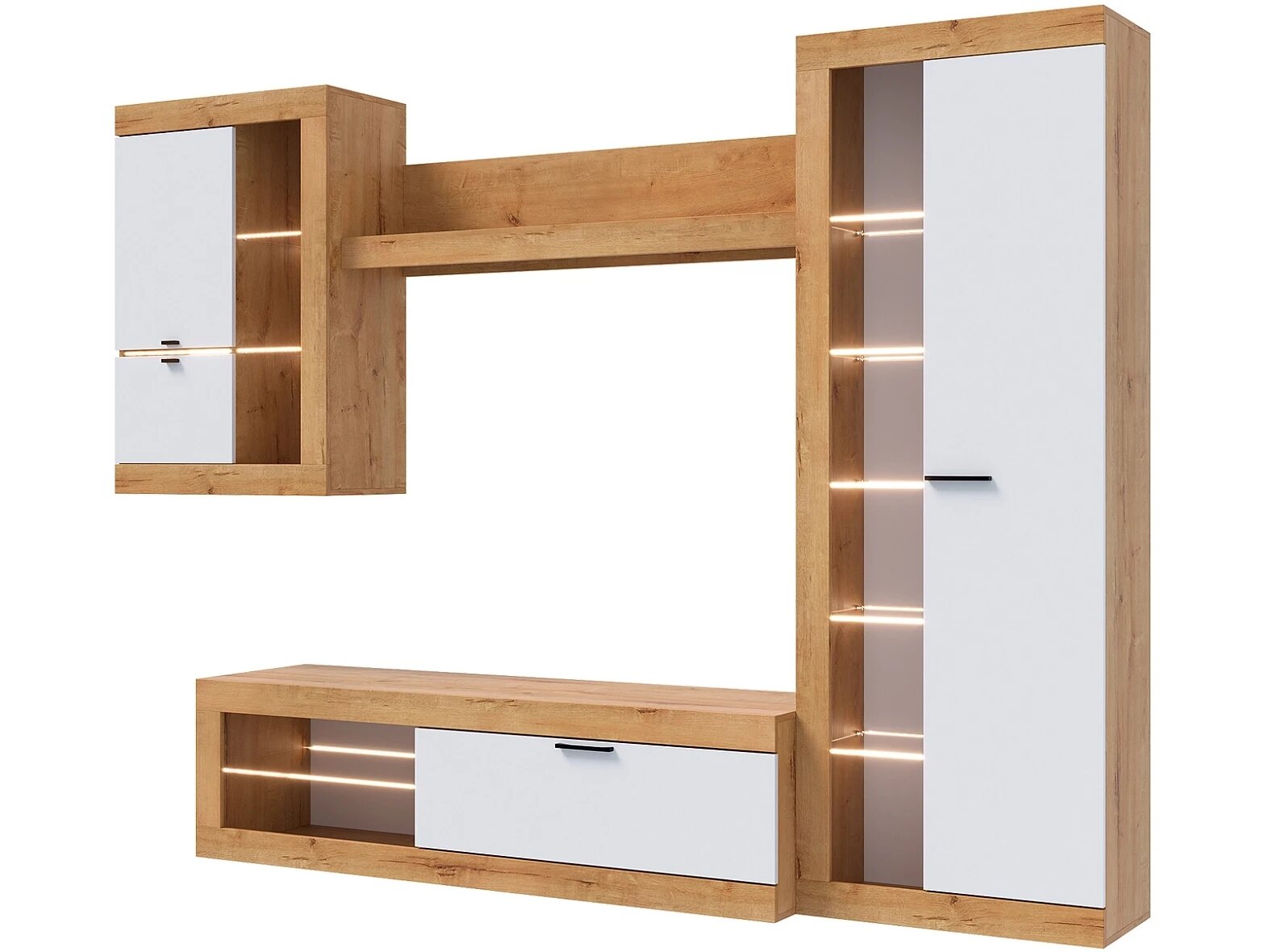 Модульная Гостиная, вариант №5, с подсветкой, Дуб Вотан/Белый глянец