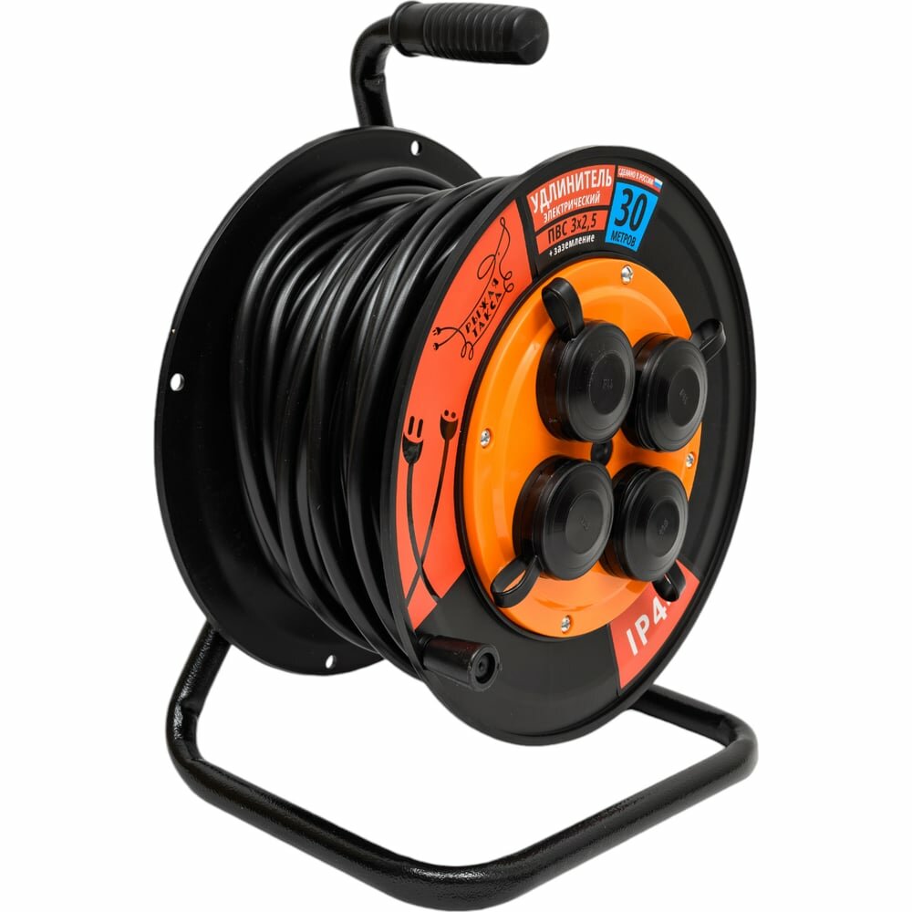 Удлинитель Рыжая такса УКП-44 (катушка пластик) ПВС, 3х2,5 (16А), 4гнезда, 30м, IP44, с заземлением, УКП4404-3056