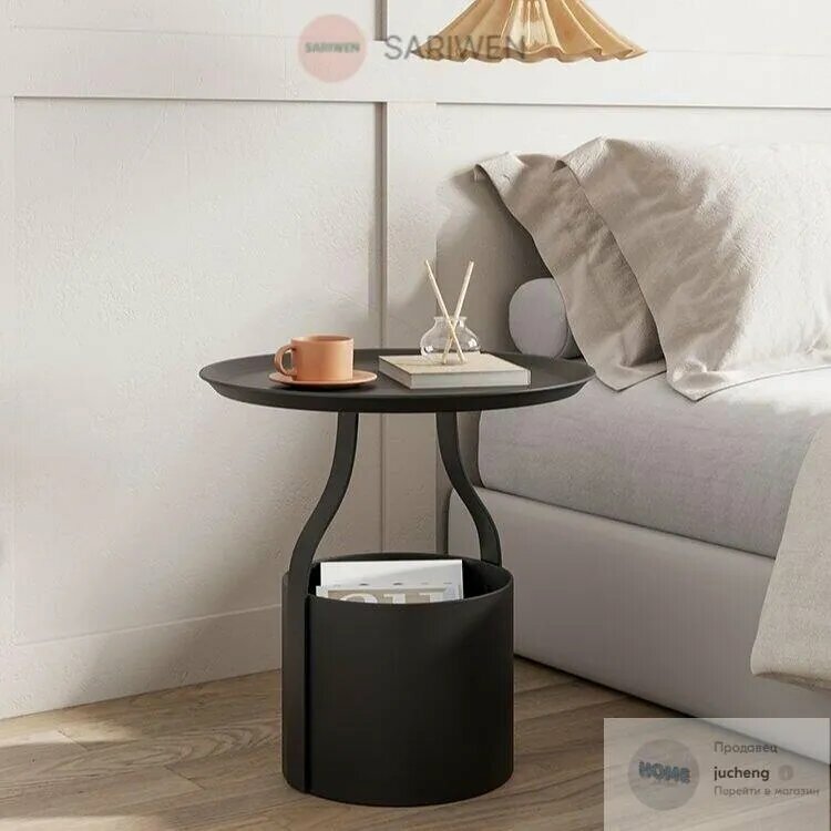 Тумба прикроватная SARIWEN, металл, глянцевая, 2 ящика, 28 см x 22 см x 52 см, черная