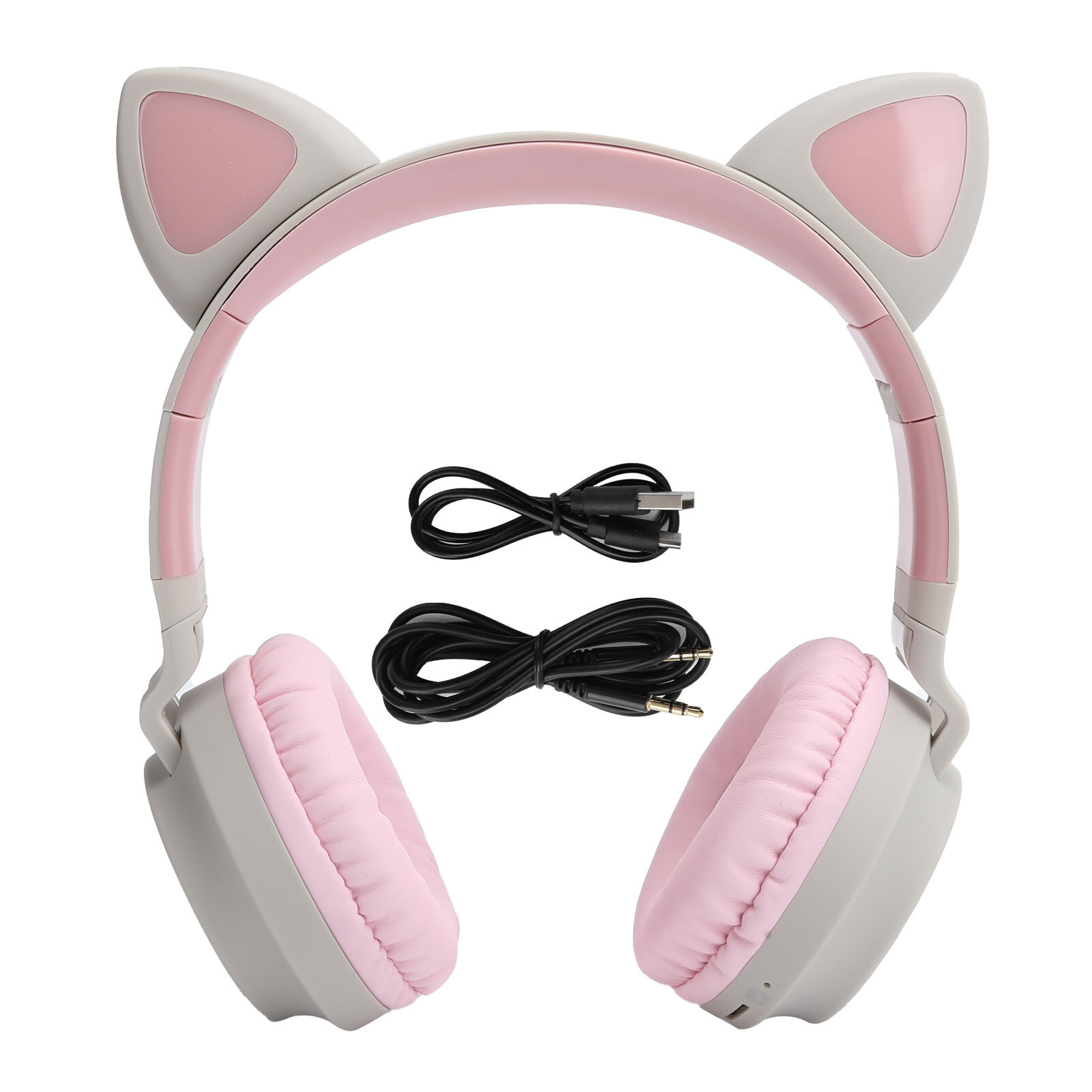 Наушники Cat Ear 3D LED Light, беспроводные Bluetooth, складные с микрофоном, серо-розовые