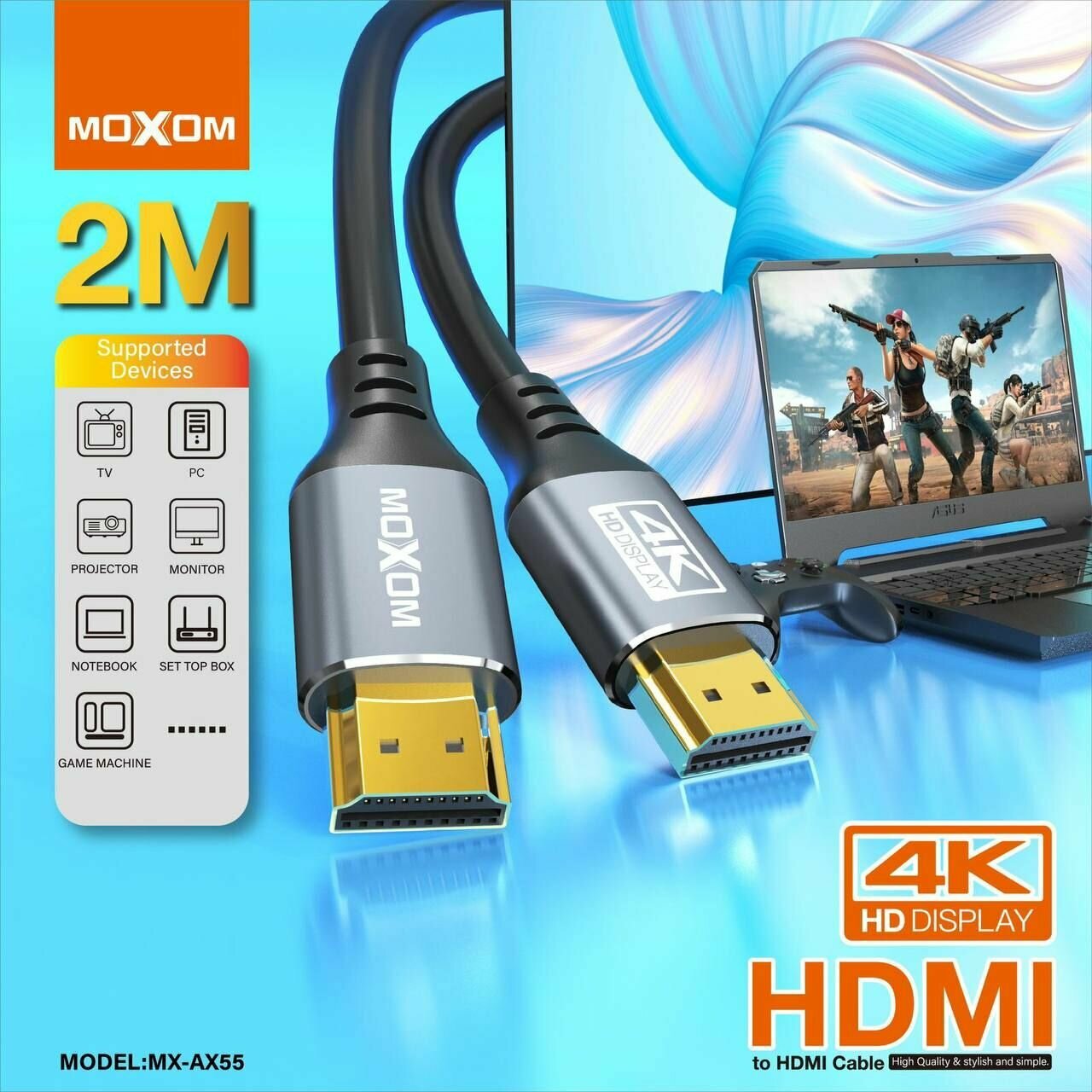 Кабель HDMI Moxom MX-AX55 4K 2 метра, разрешение 4K/60 Гц, 2K/144 Гц, поддержка разрешения 3840 x 2160 , HDMI 2.0