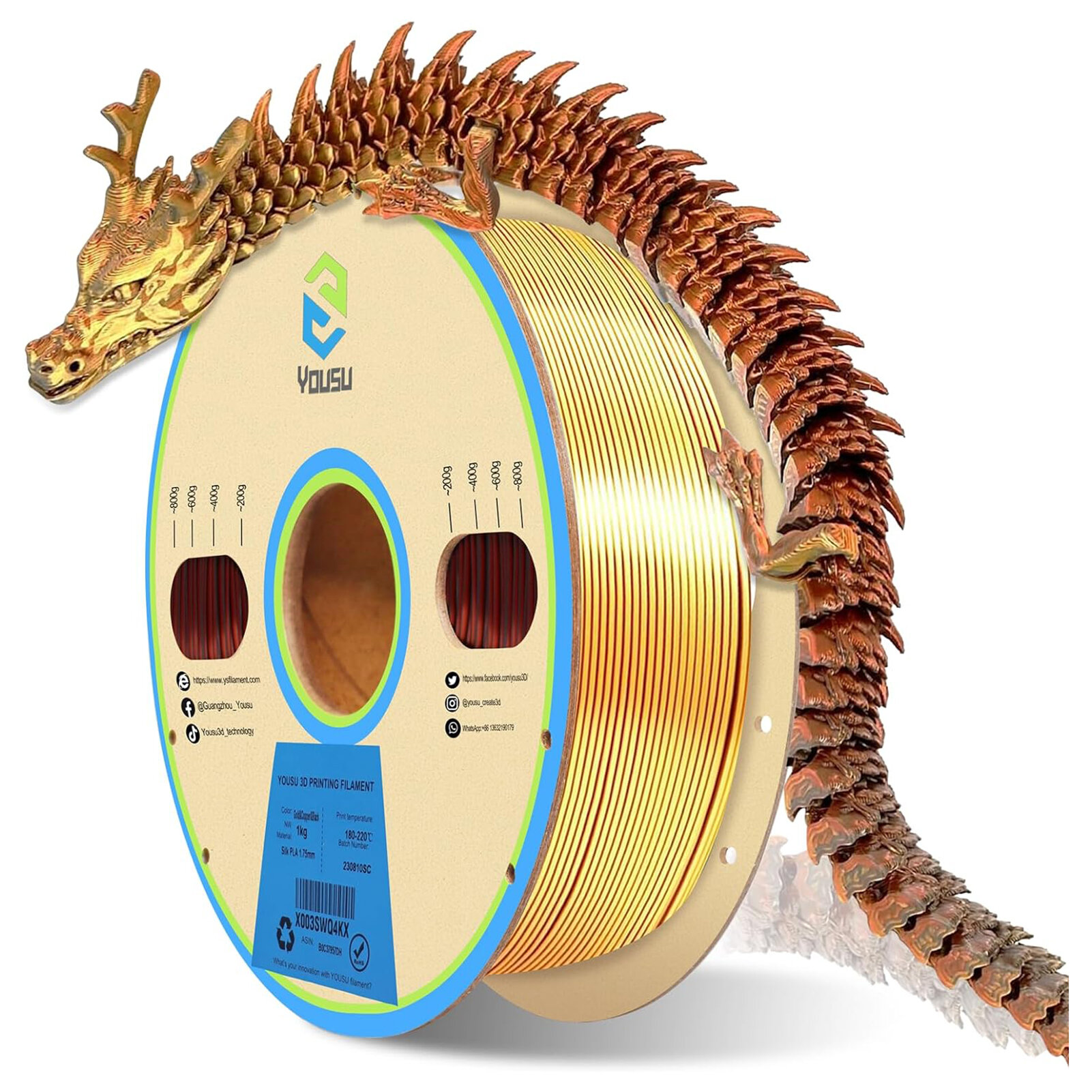 3D-филамент YOUSU Silk PLA 1.75 мм, трехцветный (золотой+медный+черный), 1 кг