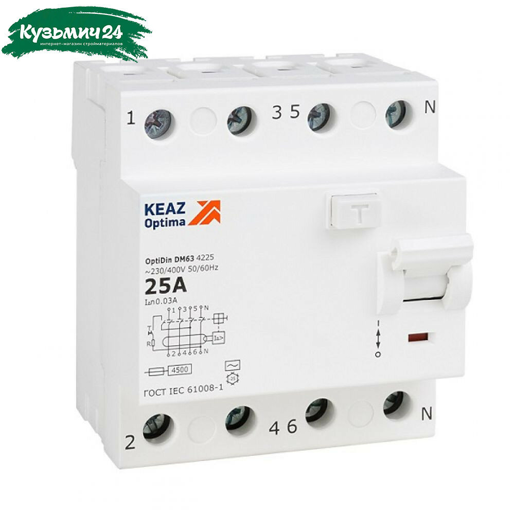 Выключатель дифференциального тока (УЗО) КЭАЗ OptiDin DM63-4363 УХЛ4 4п 63А 100мА тип AC 4.5кА