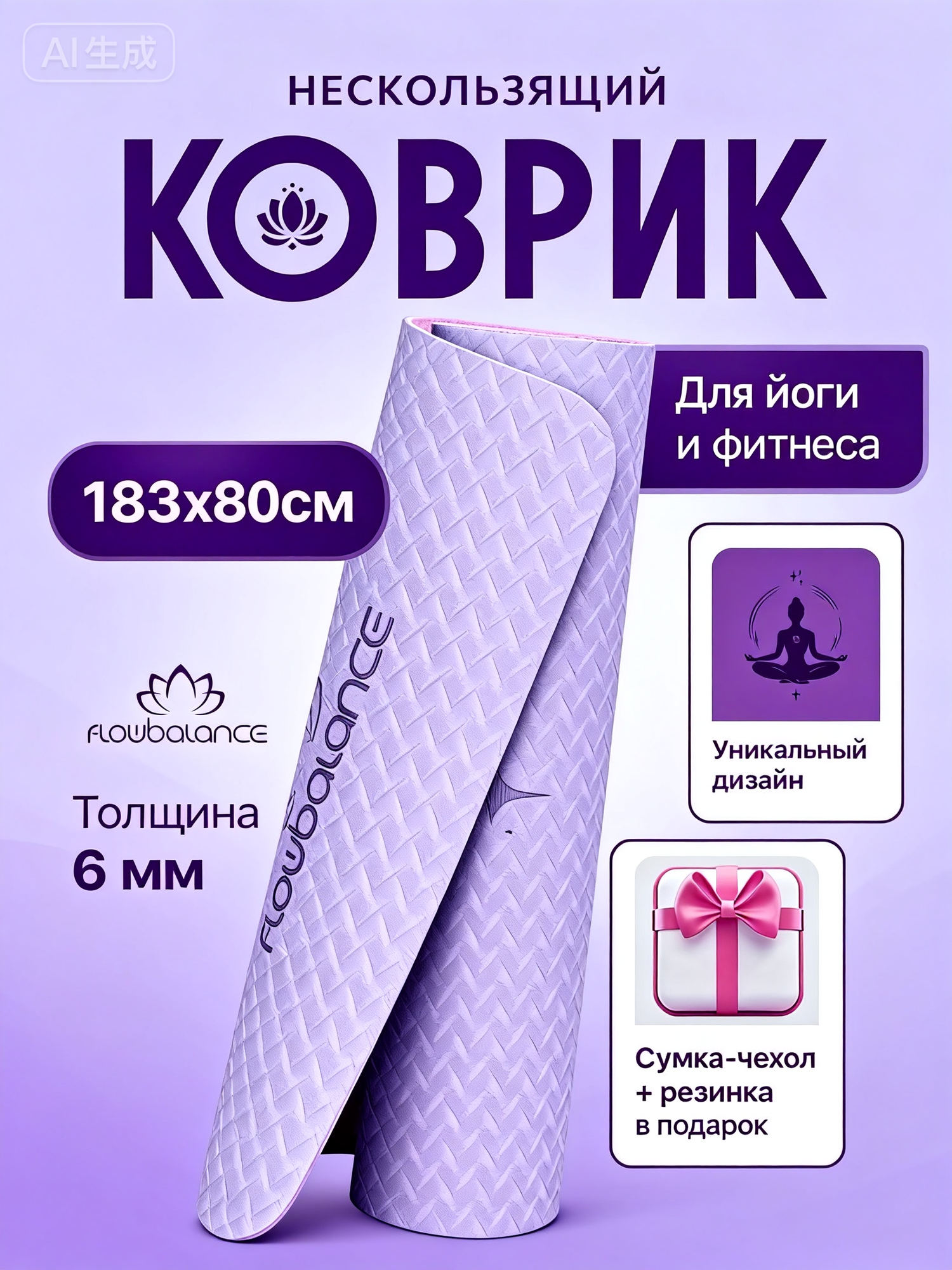 Коврик для фитнеса Mulinsen om purple, нескользящая поверхность