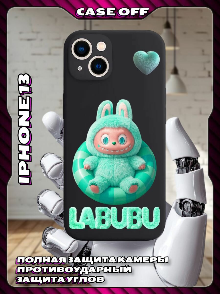 Чехол ZiART (Labubu 4 / Лабубу 4) на iPhone 13 силиконовый, с защитой камеры, черный