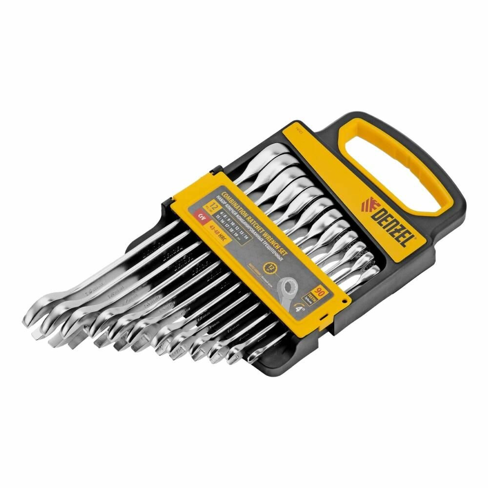 Набор ключей комбинированных DENZEL трещоточные, 6-19 мм, 12 шт, CrV, матовый, хром (14722)