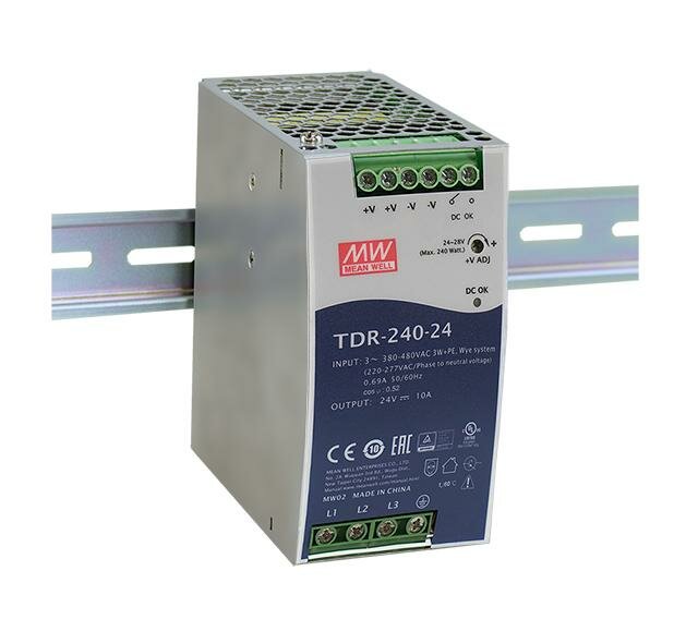 Блок питания MEAN WELL AC-DC, 240 Вт, ККМ, трехфазный, вход AC 340-550В, 47-63 Гц, DC 480-780В, выход 24В 10А, регулировка выхода 24-28В, в кожухе, на DIN-рейку