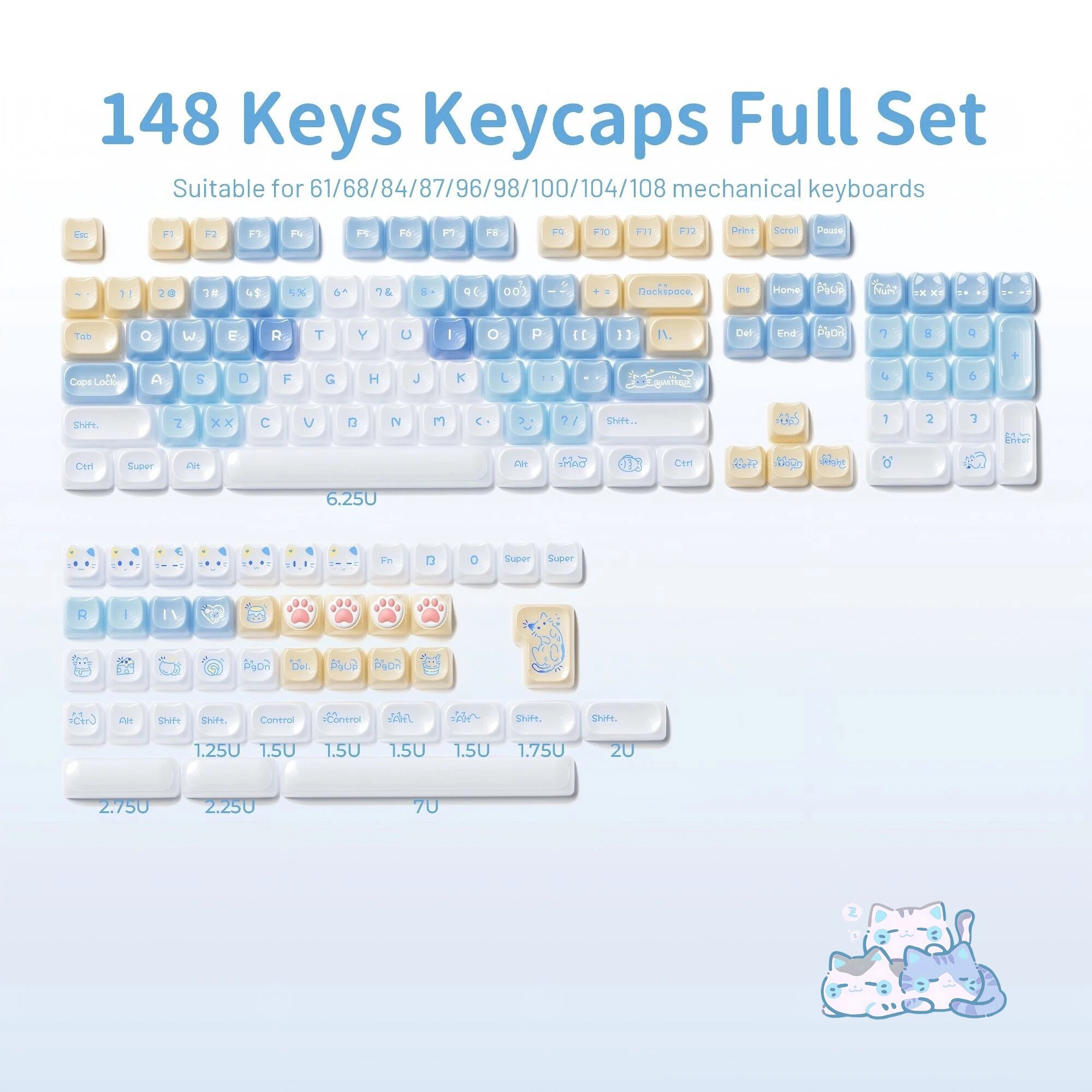 Womier 148 клавиш Pink Cat PBT кастомные кейкапы для механической клавиатуры blue packed in box