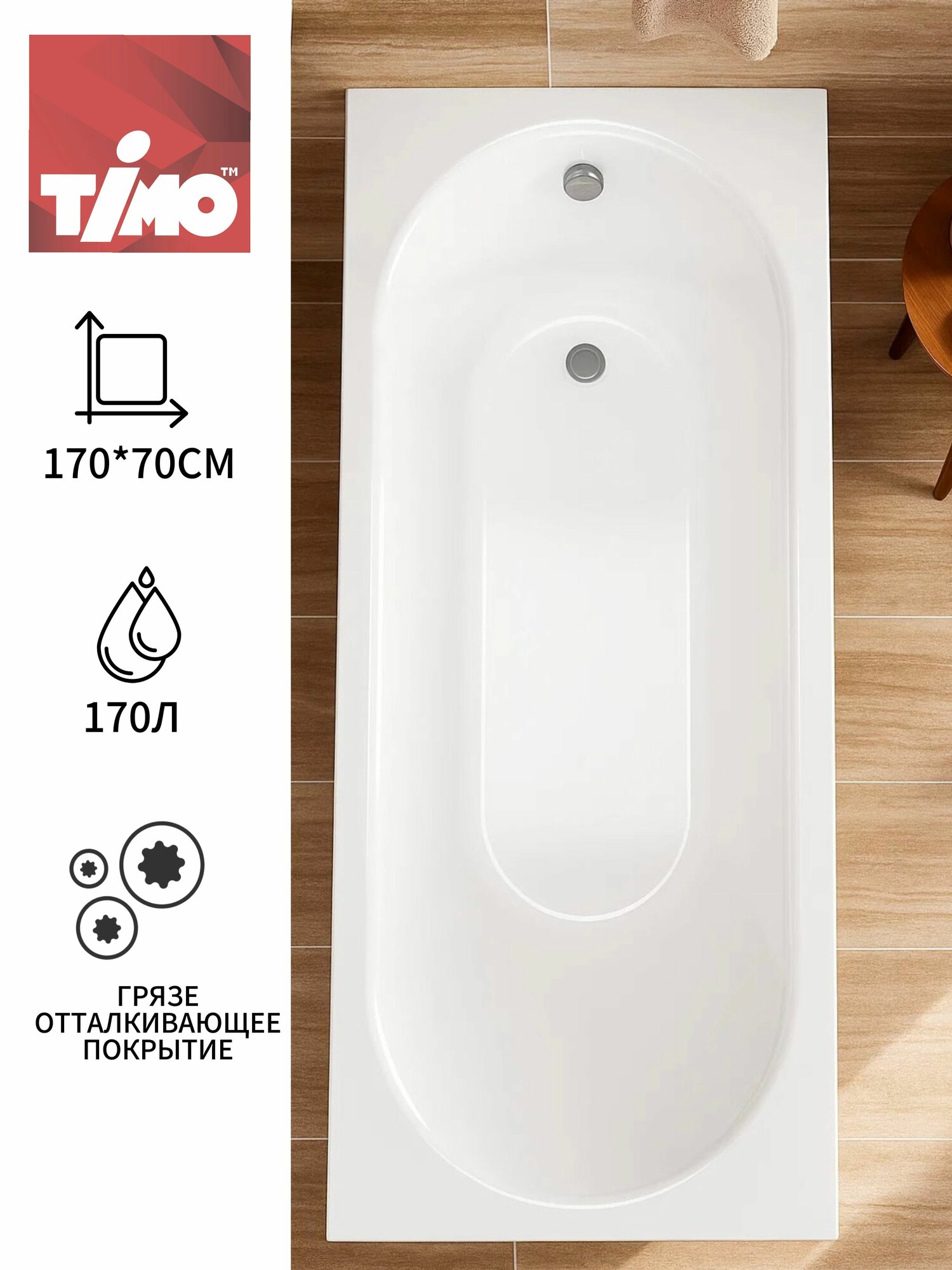 Акриловая ванна TIMO ROHA 170*70 с переливом полуавтомат на каркасе с панелями