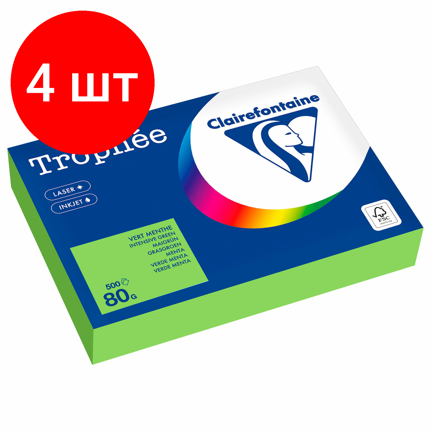 Комплект 4 шт, Бумага цветная CLAIREFONTAINE, А4, 80 г/м2, 500 л, интенсив, ярко-зеленый, 1875C, 1875PC