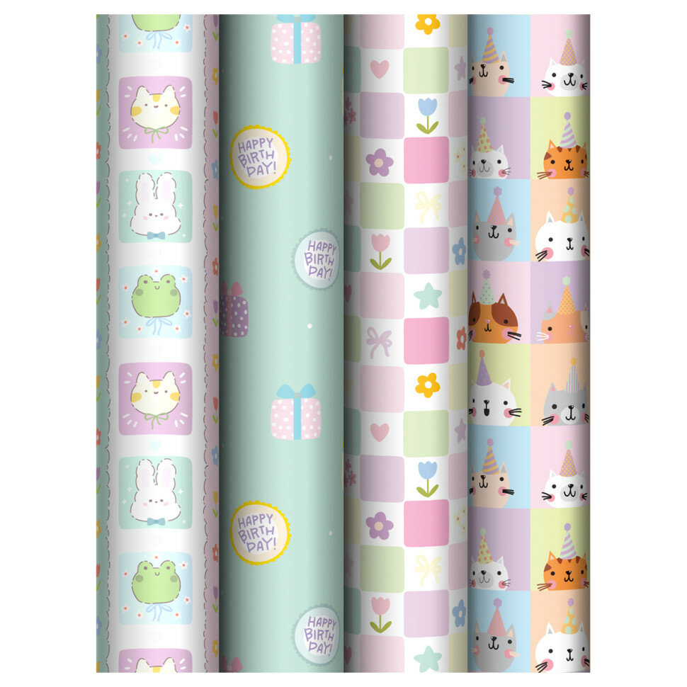 Упаковочная бумага глянц. 70*100см, MESHU "Cute party", 80г/м2, ассорти 4 дизайна, 383307