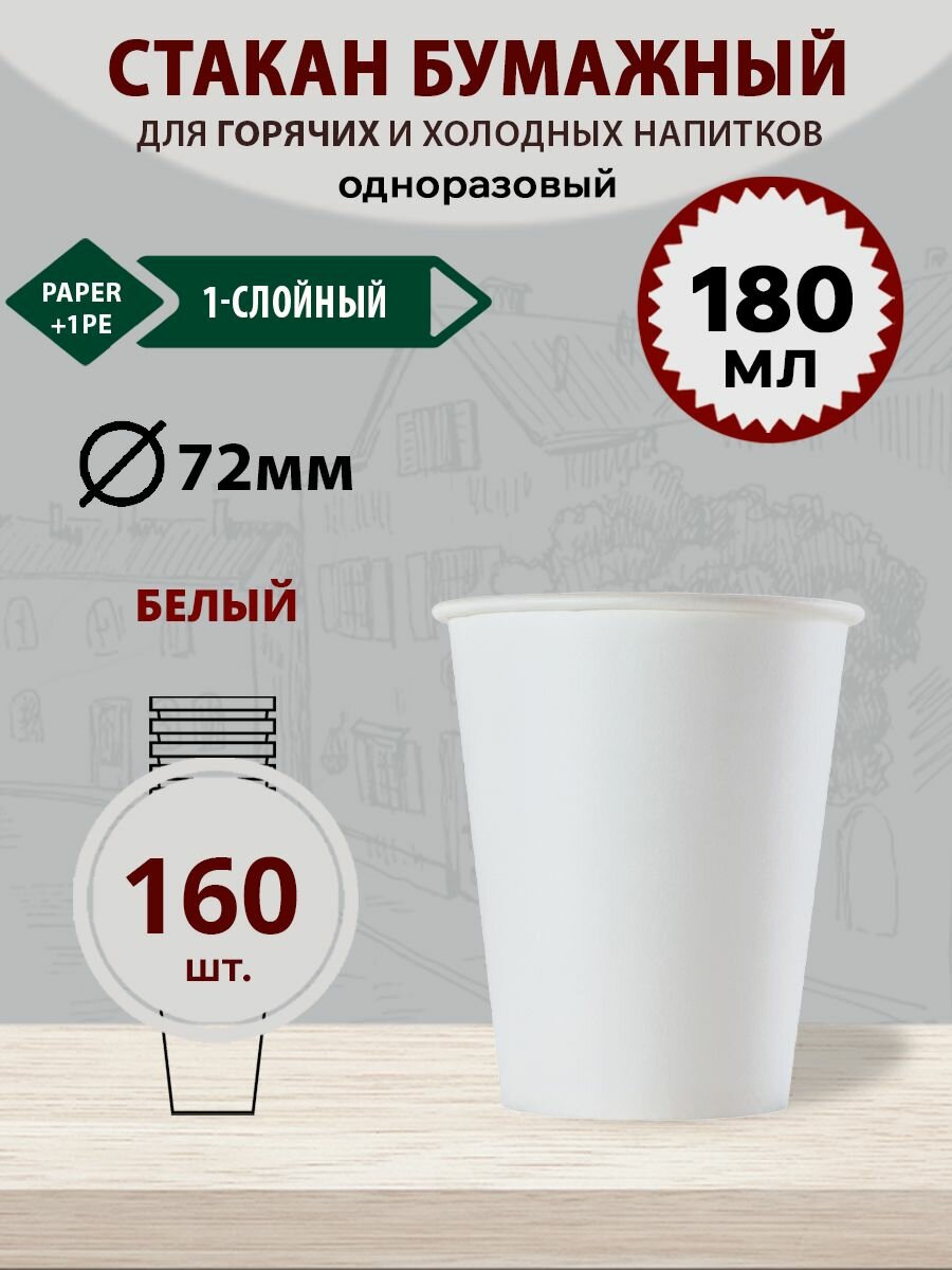 Стакан 1-слойный бумажный 180 мл d-72 мм, белый Формация, 160 шт. (2 уп.)