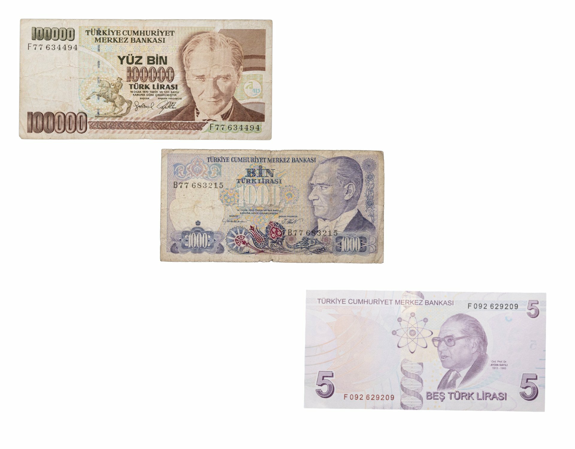 Турция набор из 3 банкнот 5, 1000 100000 лир 1970-2009