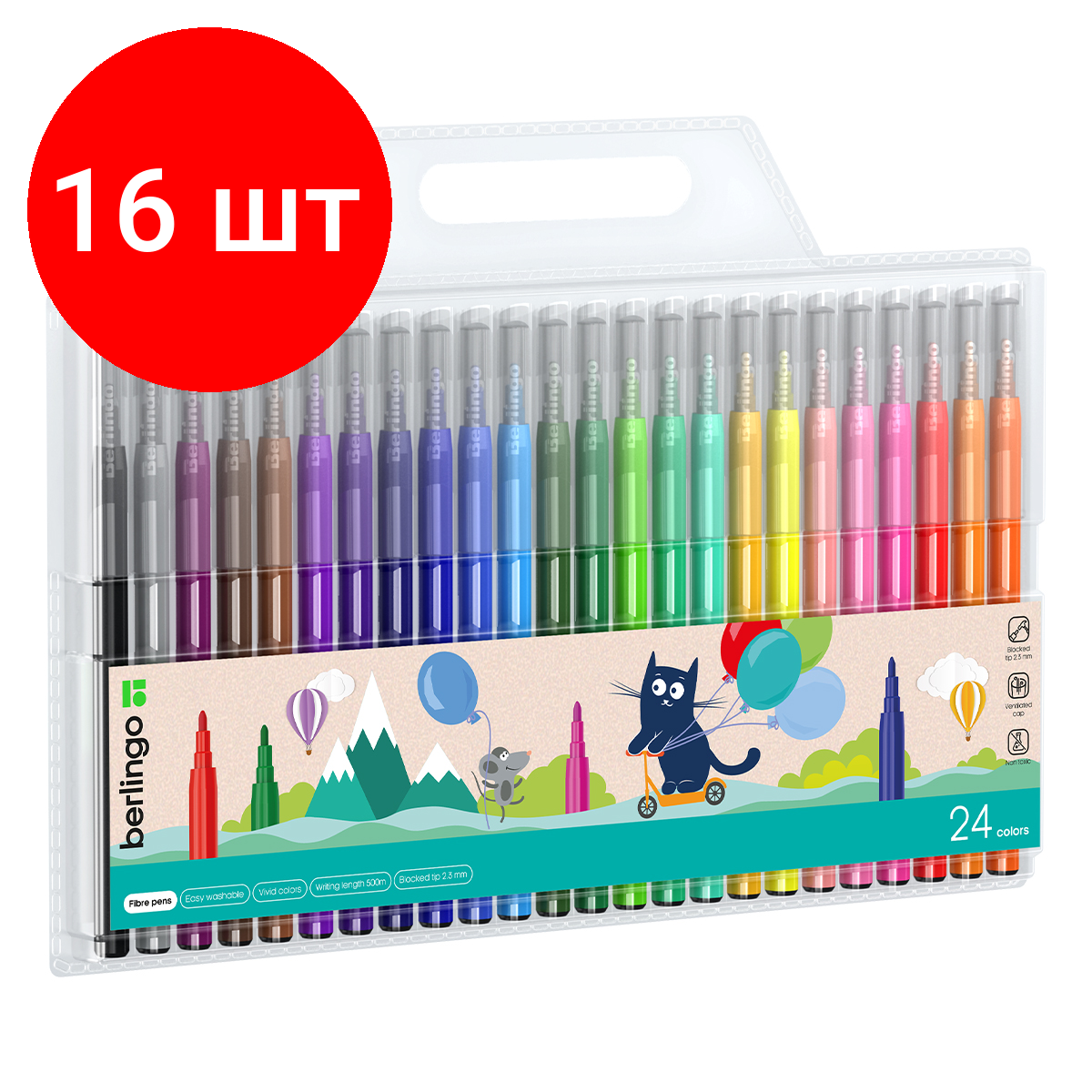 Комплект 16 шт, Фломастеры Berlingo "Жил-был кот", 24цв, смываемые, блистер