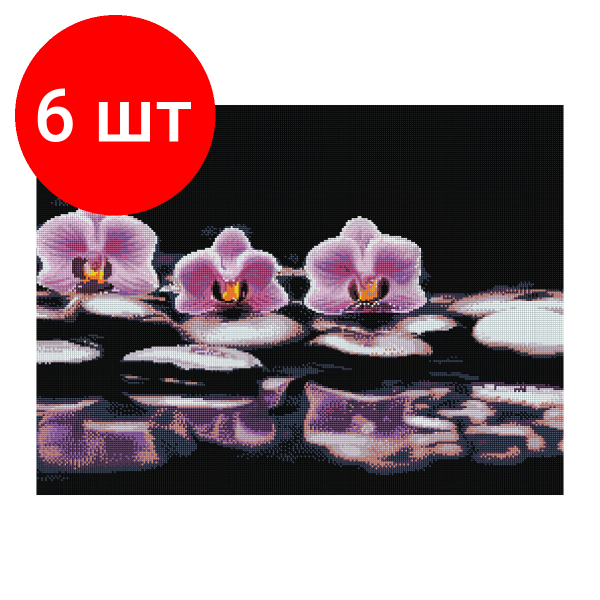 Комплект 6 шт, Алмазная мозаика ТРИ совы "Орхидеи", 50*70см, холст, картонная коробка с пластиковой ручкой