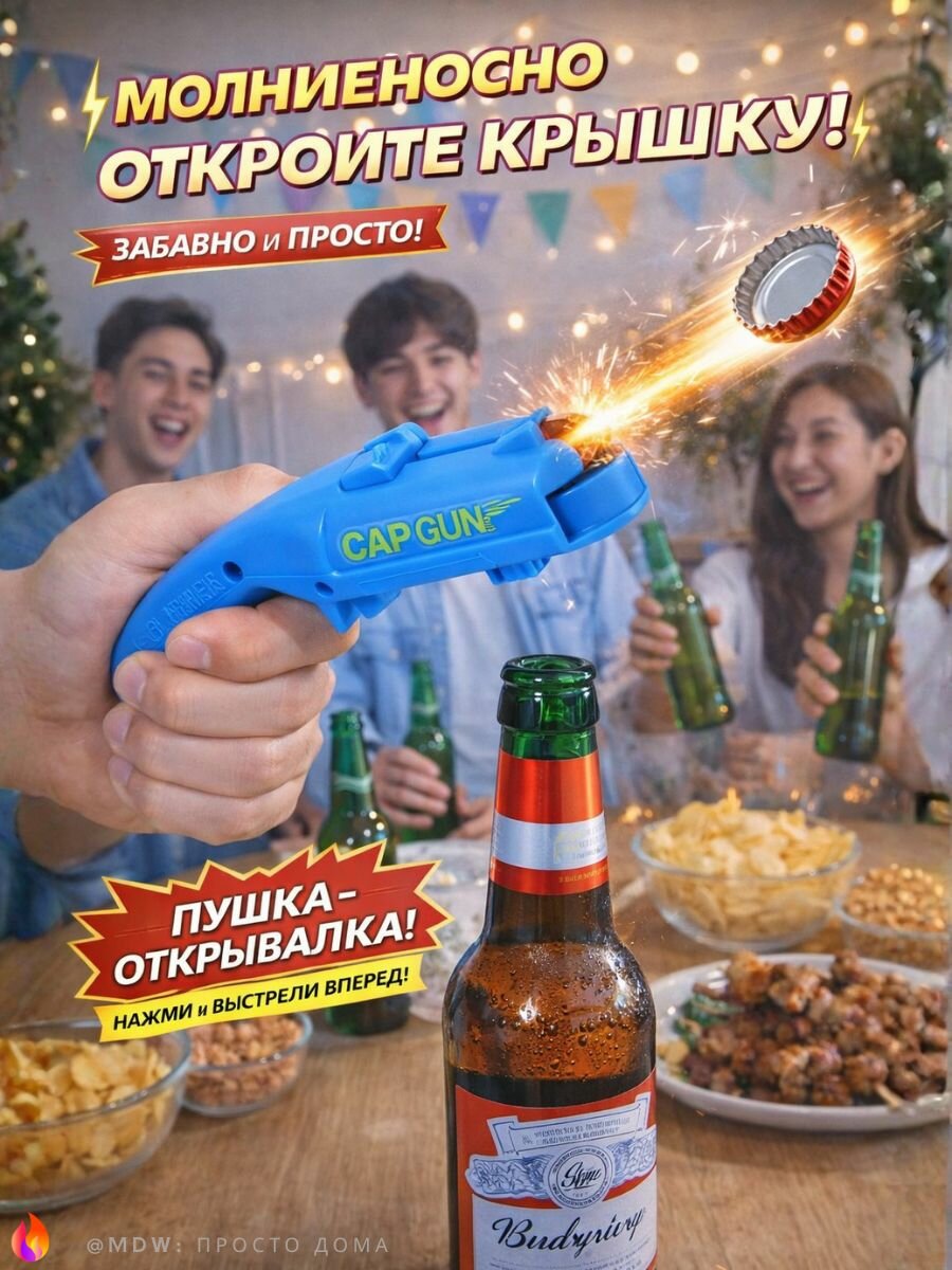 Открывалка для бутылок CAP GUN синяя, пистолет-открывалка для пива с выстрелом крышки, прикольный аксессуар для вечеринки