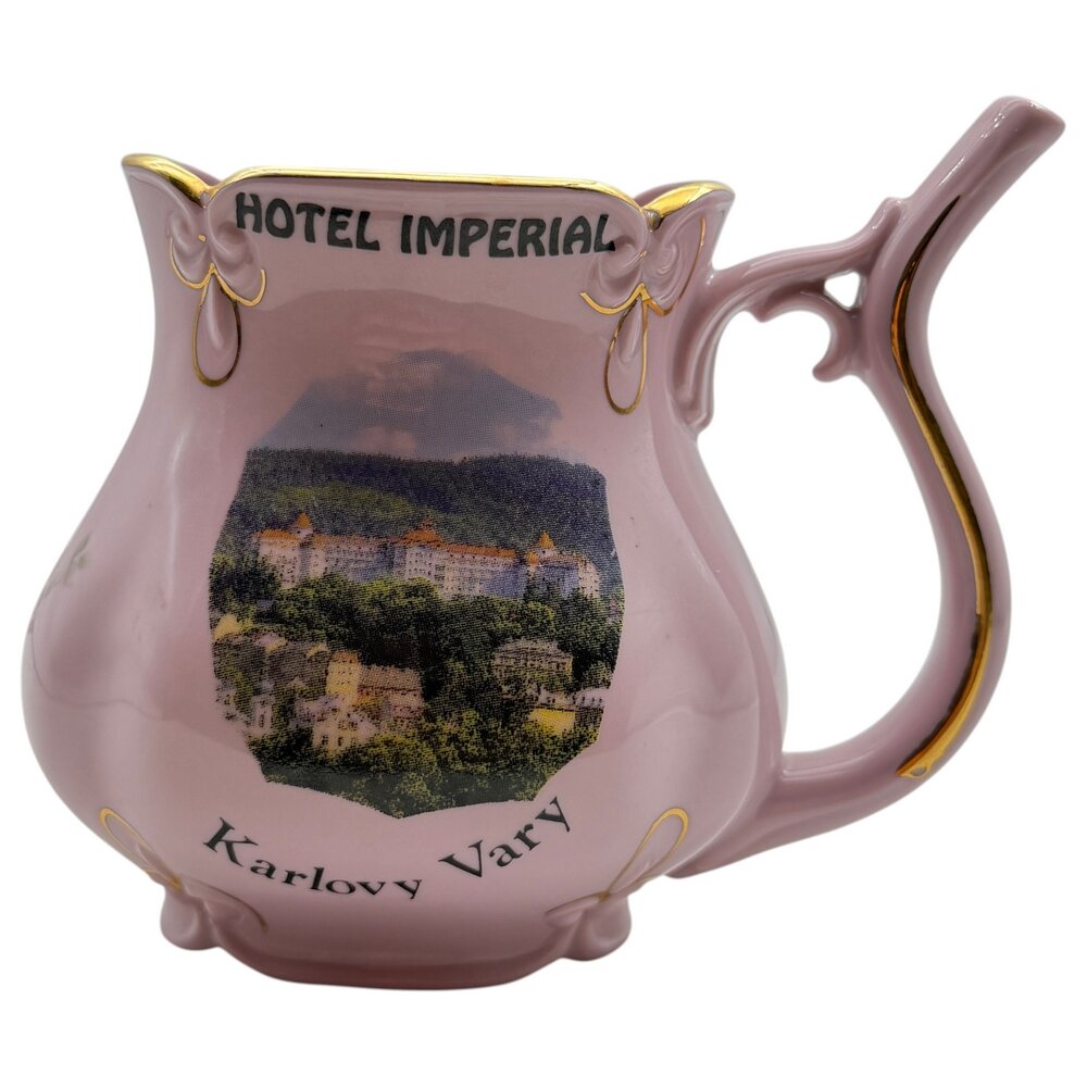 Бюветница кружка поильник "Hotel Imperial Карловы Вары", 200 мл, розовый фарфор, JP, Чехословакия