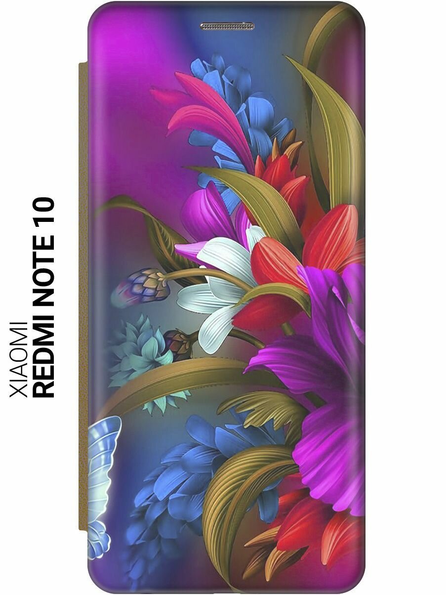 Чехол-книжка на Xiaomi Redmi Note 10, Note 10S, Сяоми Редми Ноут 10, Ноут 10С с 3D принтом "Фантастические цветы" золотой