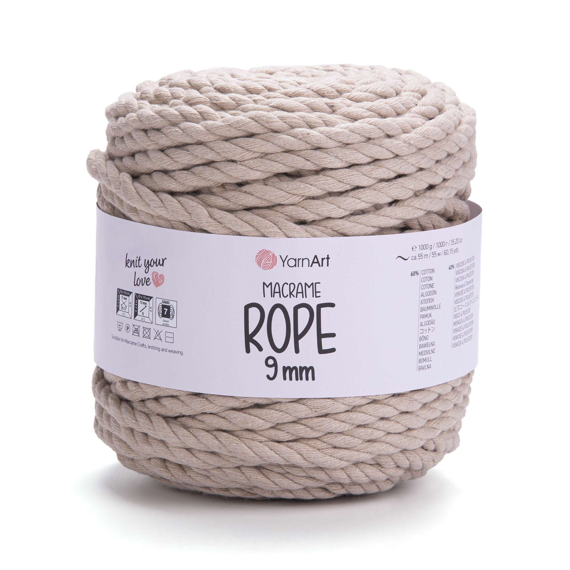 Пряжа YarnArt Macrame Rope 9mm 753 топлёное молоко (1000г/55м, упаковка 1 моток)