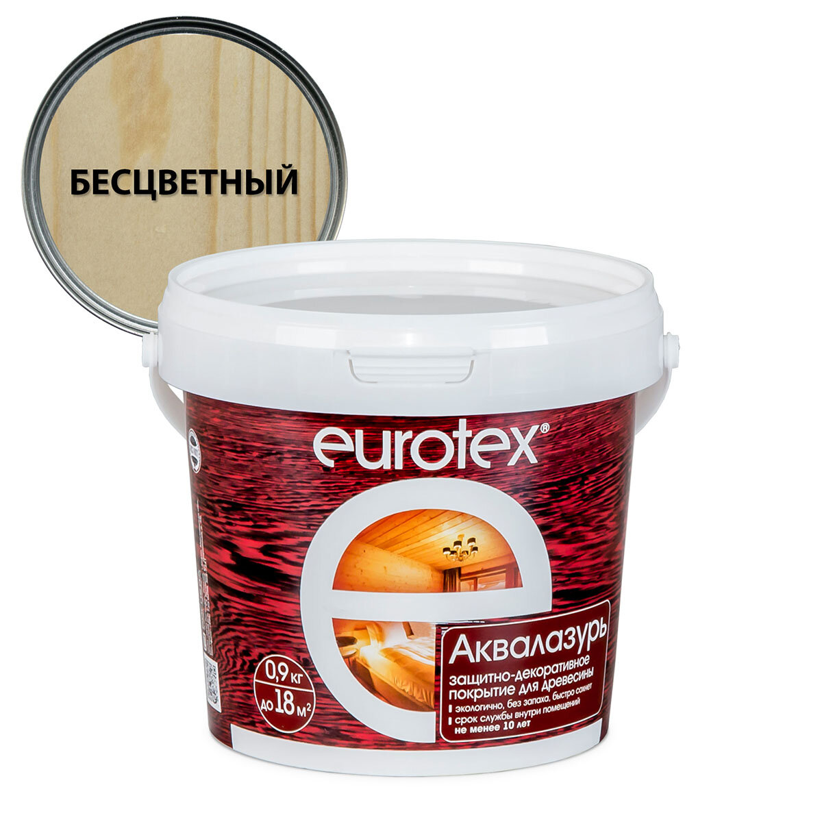 Eurotex / Евротекс Аквалазурь лак защитно-декор. для дерева акриловый лессирующий бесцветный 0,9кг