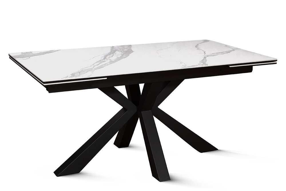 Стол обеденный керамический прямоугольный раздвижной SPARTA 160 ONIX CER на металлокаркасе, столешница керамика (глянец), цвет белый оникс, черный каркас, 160(240)х90 см