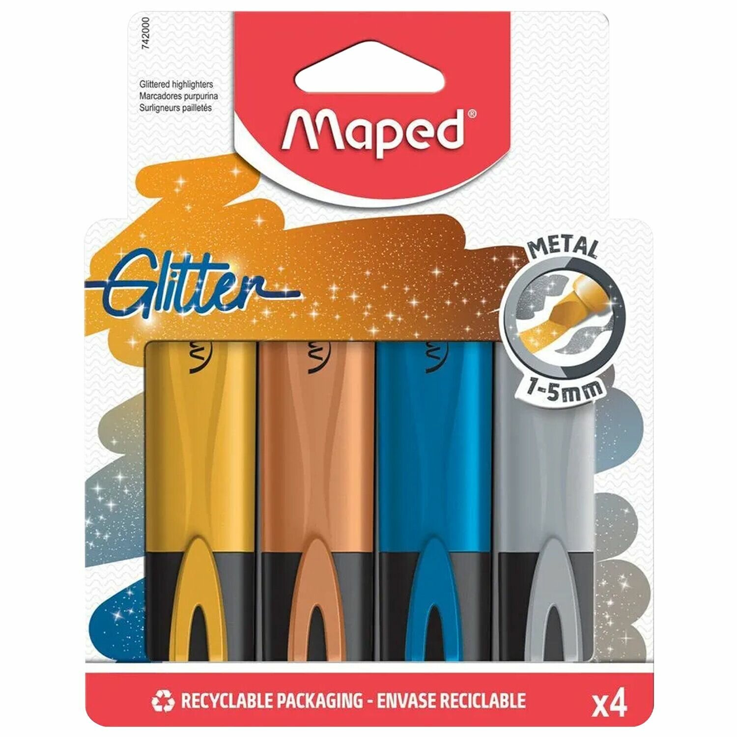 Набор текстовыделителей Maped с блестками, Fluo Pep's Glitter, 4 штуки, ассорти, линия 1-5 мм