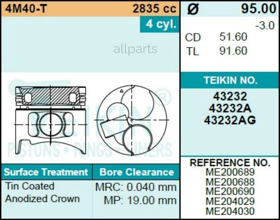 TEIKIN 43232 STD Поршень (к-т 4 шт без охлаждения) MITSUBISHI CHALLENGER/PAJERO/MONTERO 4M40 (2,8) 94-