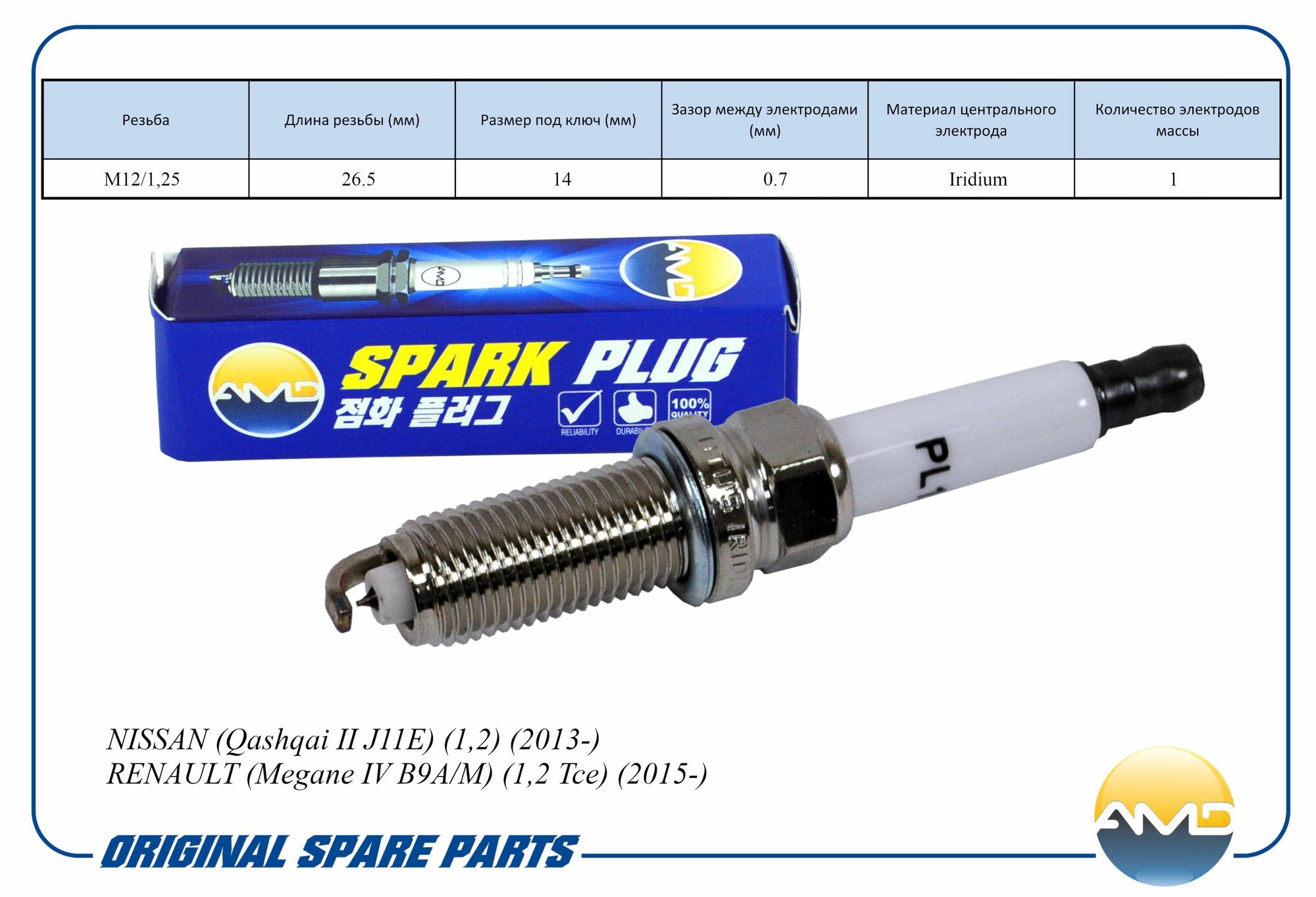 Свеча зажигания AMD PL118, для NISSAN Qashqai II J11E, RENAULT Megane IV B9A, иридиевая