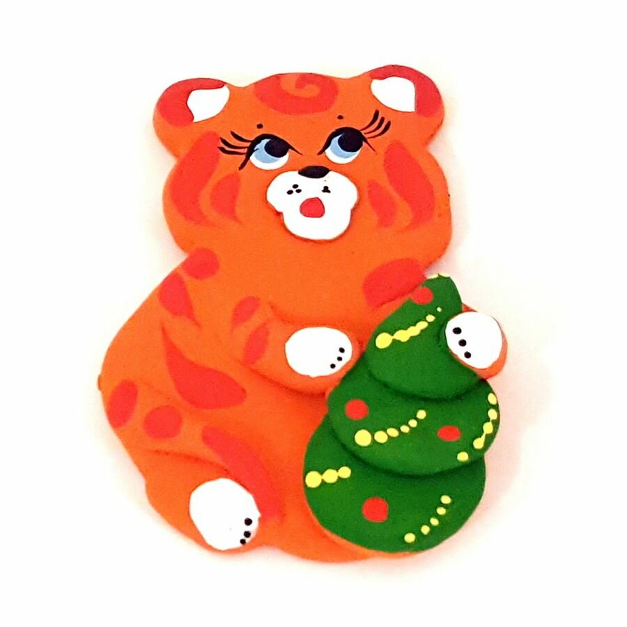 Магнит "Тигренок с елкой", Ковровская глиняная игрушка, ручная авторская работа