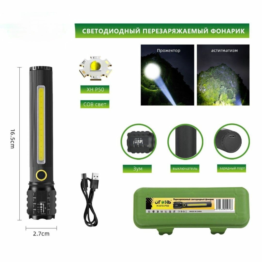 Аккумуляторный фонарик с зумом BL-C73-P50 COB+LED P50 USB