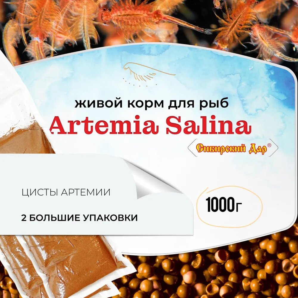 Живой корм для рыб "Сибирский дар"-Artemia Salina, 1000 г (1300 мл) - яйца артемии (цисты) - 2 вакуумных пакета по 500 г
