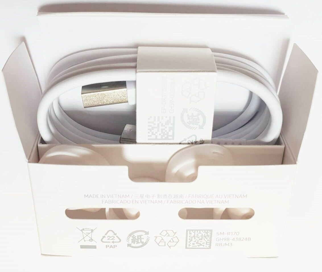 Комплект Samsung GH98-43824B Амбушюры Galaxy Buds SM-R170 RBJM3 + кабель 1м USB A to USB Type-C EP-DR170BWE GH39-02008A M130V, цвет белый, 1.0 метр, поддерживает быструю зарядку