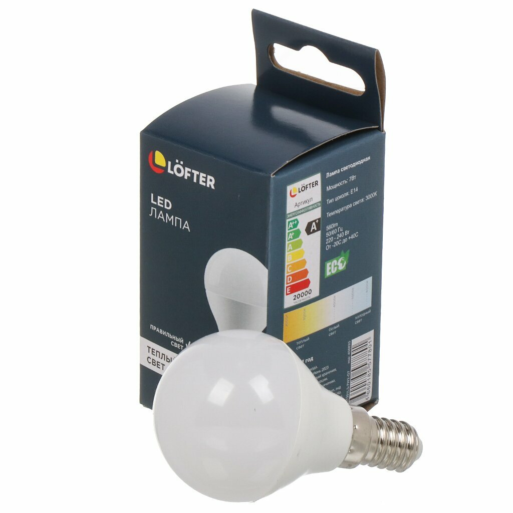 Лампа светодиодная E14, 7 Вт, 60 Вт, 220 В, шар, 3000 К, свет теплый белый, Lofter