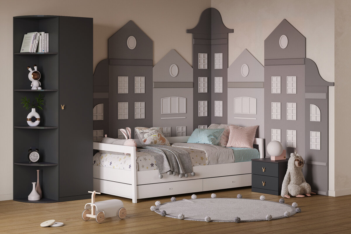 Стенка детская Банни-2 Черный для книг для одежды для посуды 130*210*52