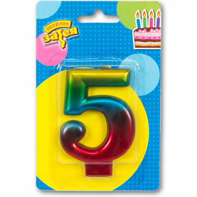 Свеча -цифра "5" Радуга металлик 8см/V