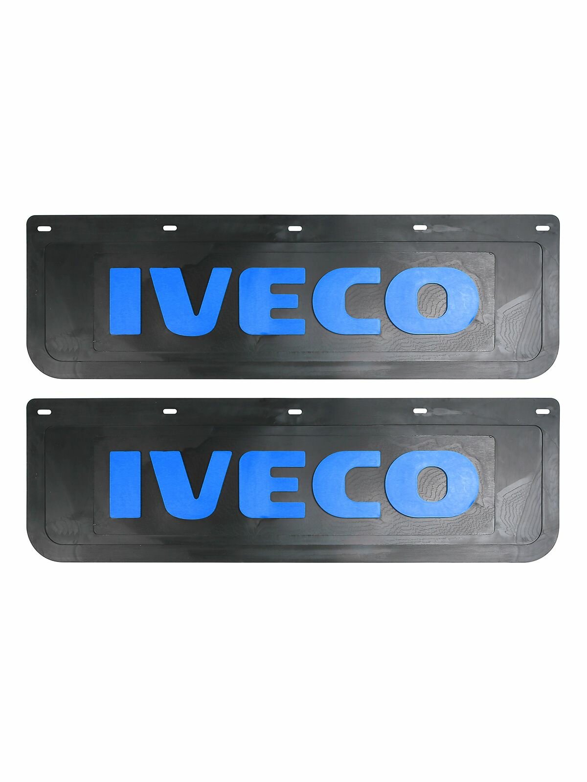 Брызговики чёрные на передний бампер 600x180 мм (2 штуки). Резина (LUX). Синаяя надпись "IVECO". Сделано в России (25968)