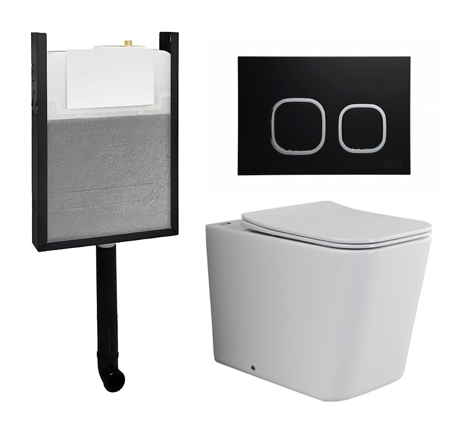 Комплект 3 в 1 смывной бачок скрытого монтажа WeltWasser WW Amberg + Унитаз приставной Ceramica Nova Cubic Rimless CN1809 + кнопка черная, матовая