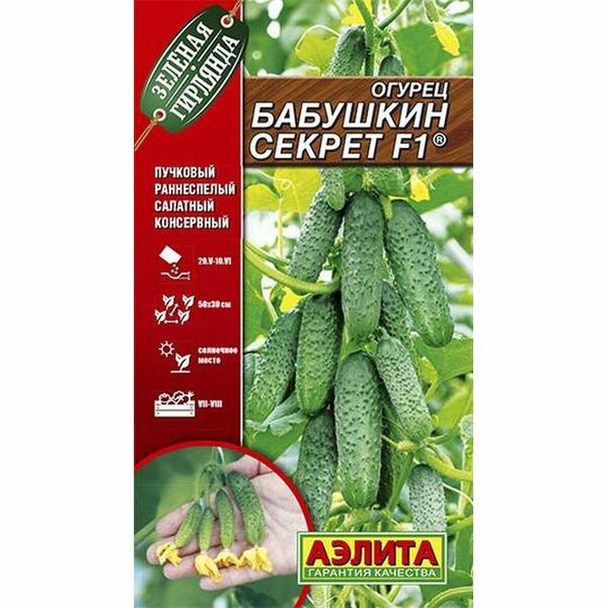 Семена Огурец Бабушкин секрет F1 Партенокарпический, Аэлита - Зеленая гирлянда, 1 пачка - 10 семян