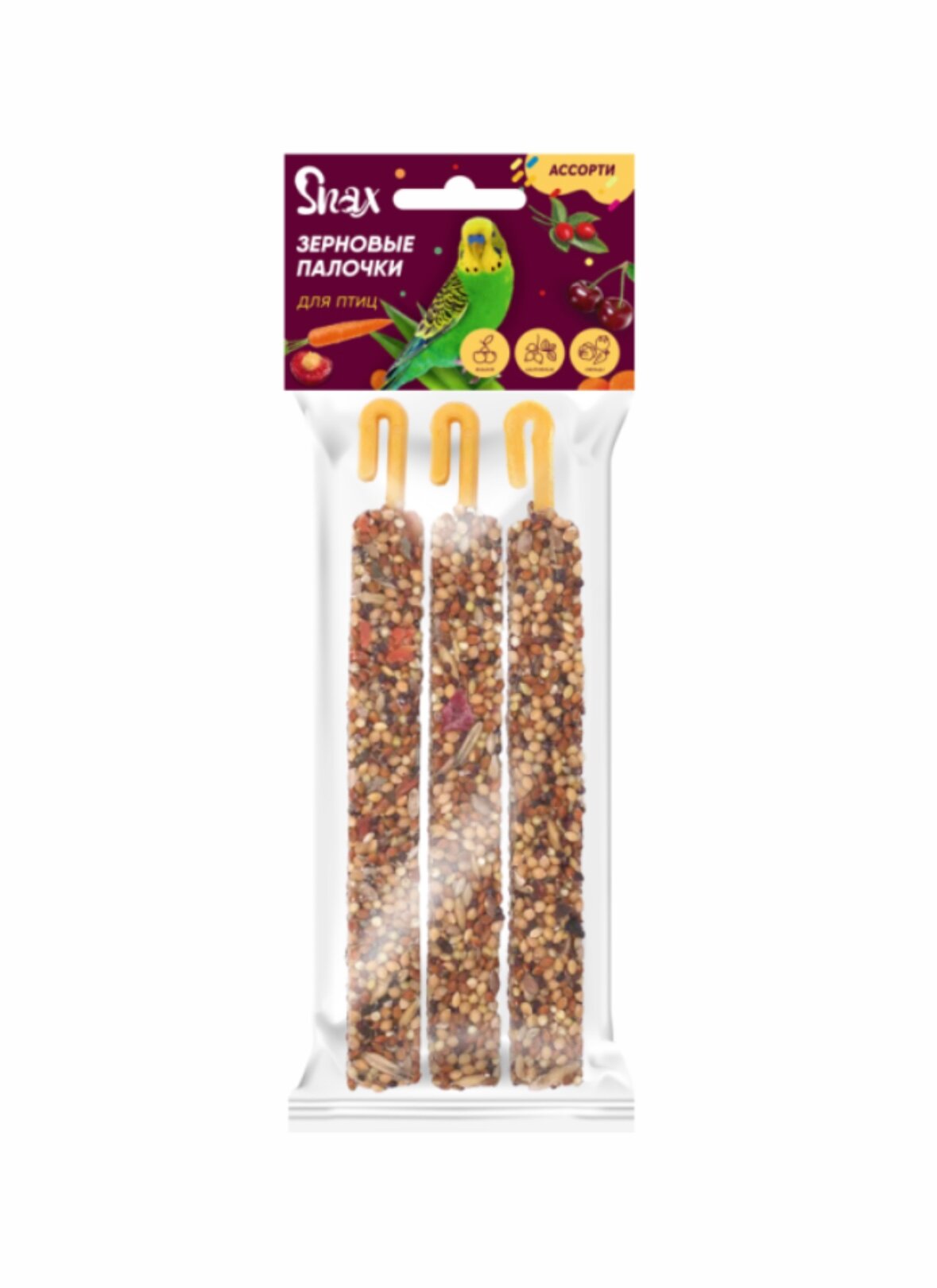 Зерновые палочки для птиц Snax ассорти (вишня, шиповник, овощи) 3 шт (75г) х 3 упаковки