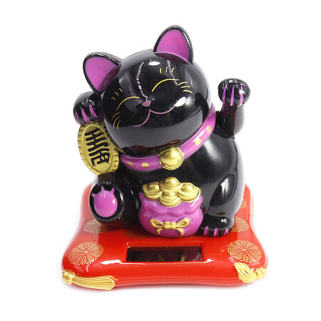 Кошечка черная манэки нэко с мешочком монет - оберег на процветание на солнечной батарейке (высота 8 см.), 1 шт.