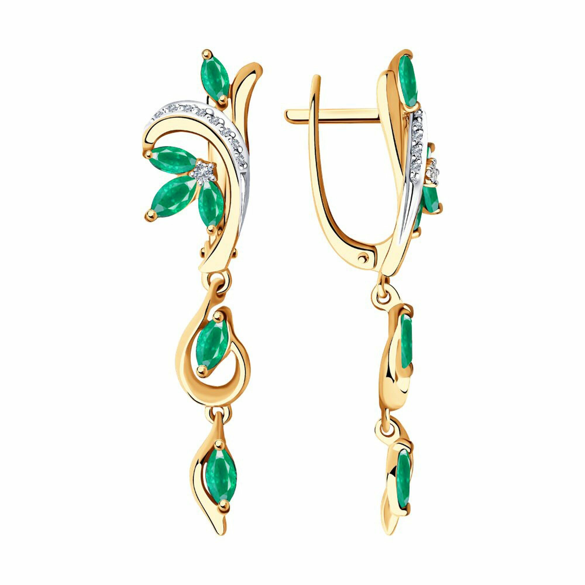 Серьги, красное золото, 585 проба, бриллиант, изумруд