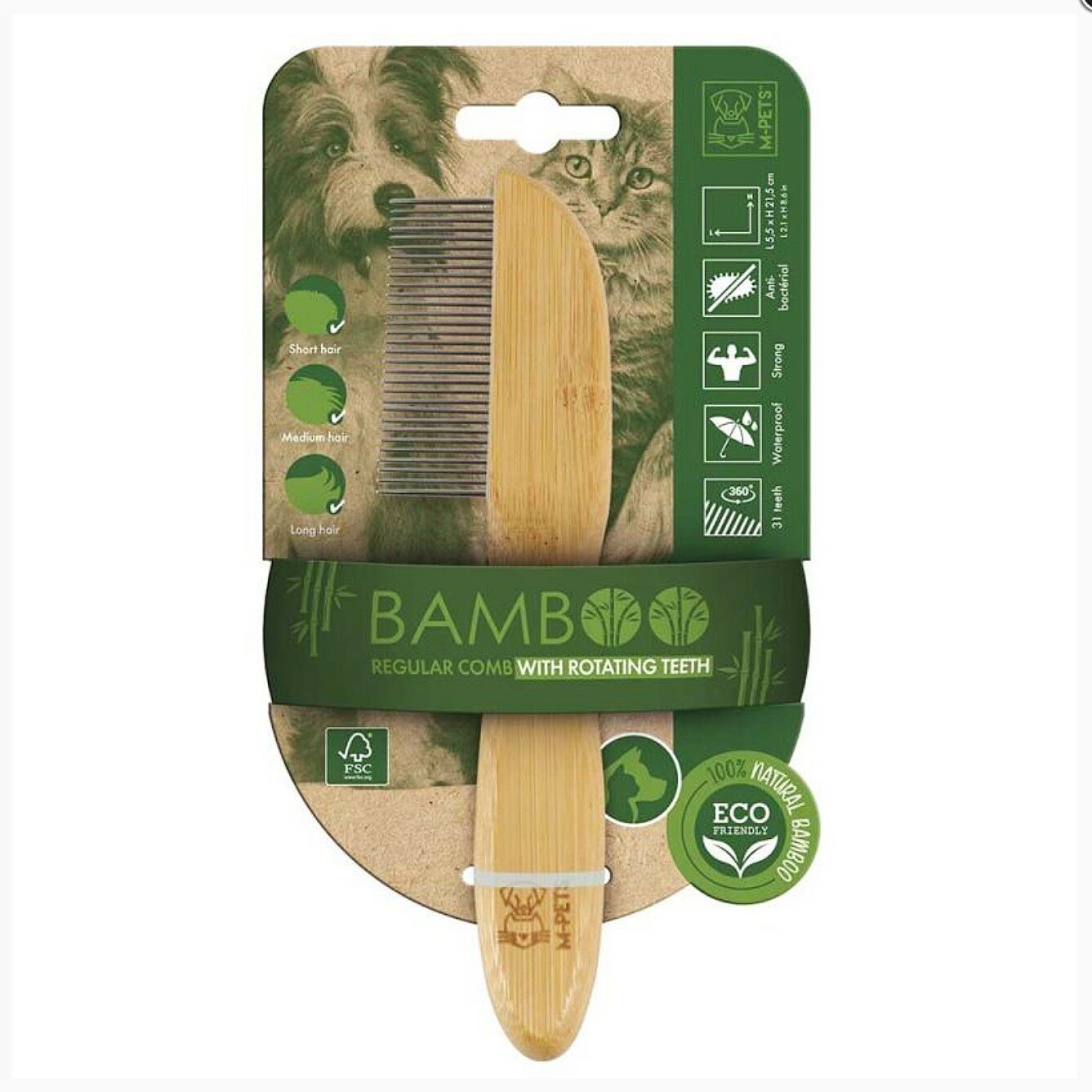 M-PETS Бамбуковая расчёска с вращающимися зубьями, 31 зуб, размер 6 x 22