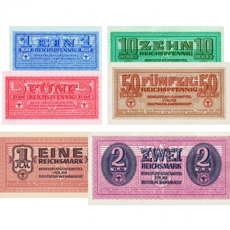1 пфенниг - 2 марки 1942, набор копий банкнот Вермахта сувенирная копия, банкноты и купюры редкие коллекционные