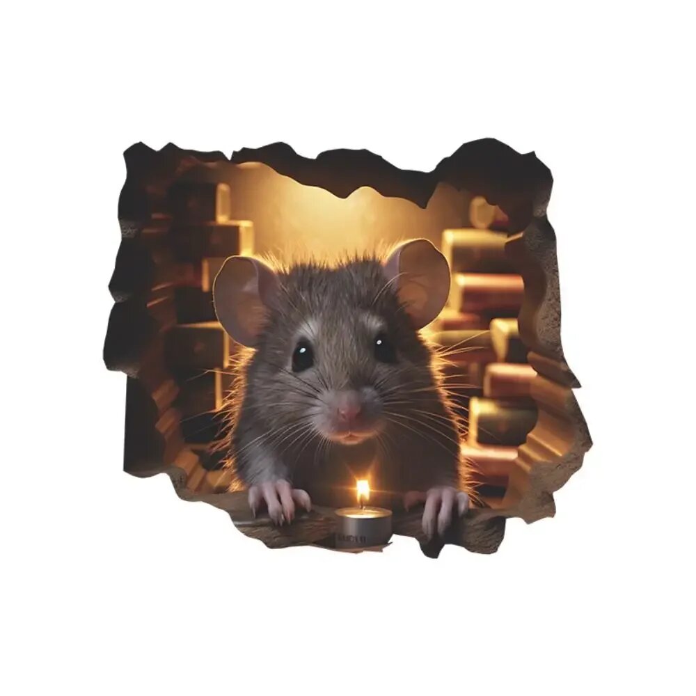 Наклейка на стену "Крысиная нора с мышью и свечой", 3D, Цвет: 112