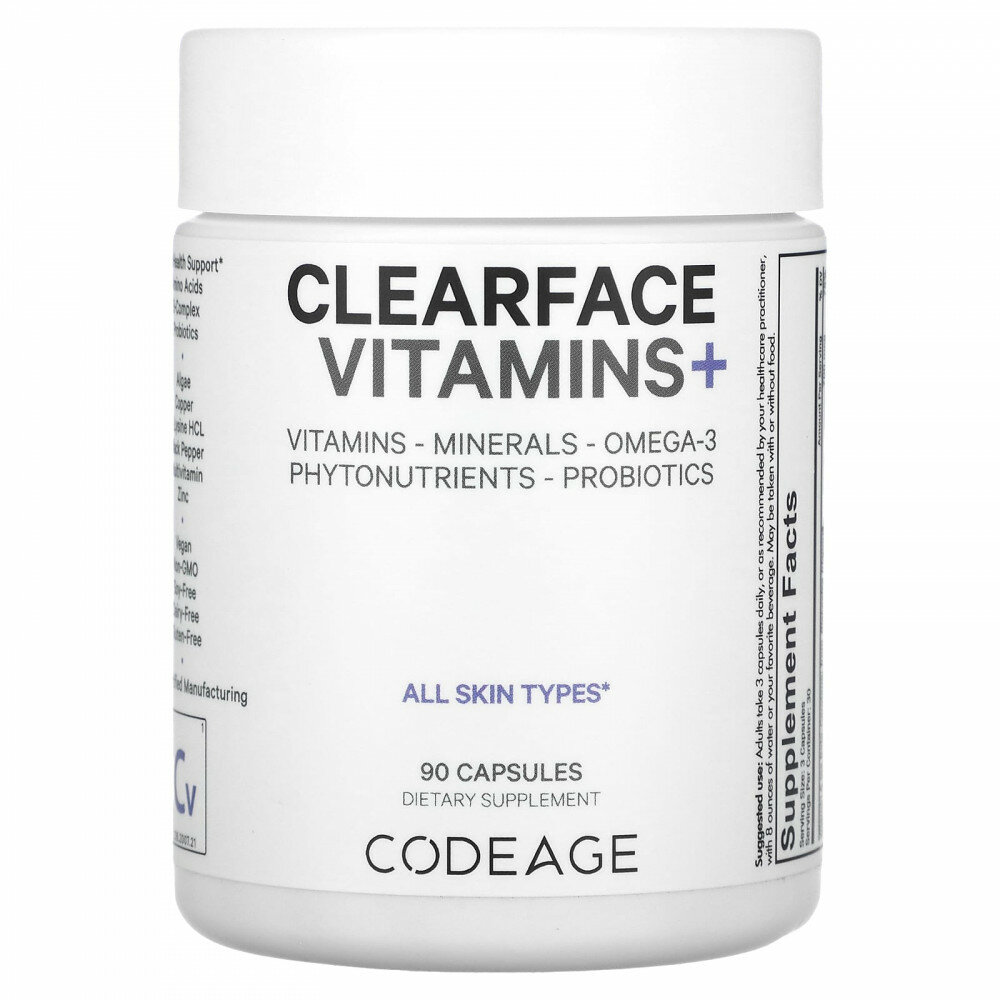 Codeage, Clearface Vitamins +, 90 растительных капсул