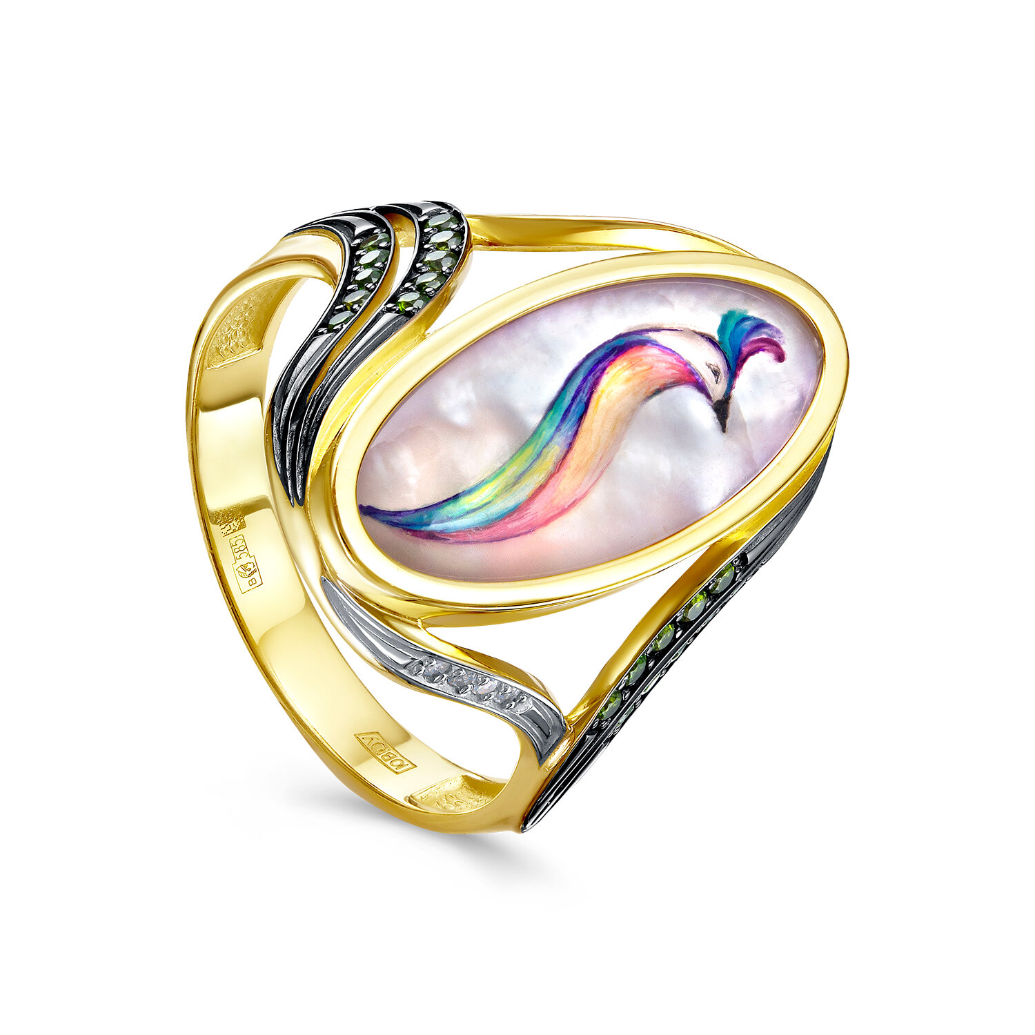 Кольцо, желтое золото, 585 проба, бриллиант, хромдиопсид, перламутр