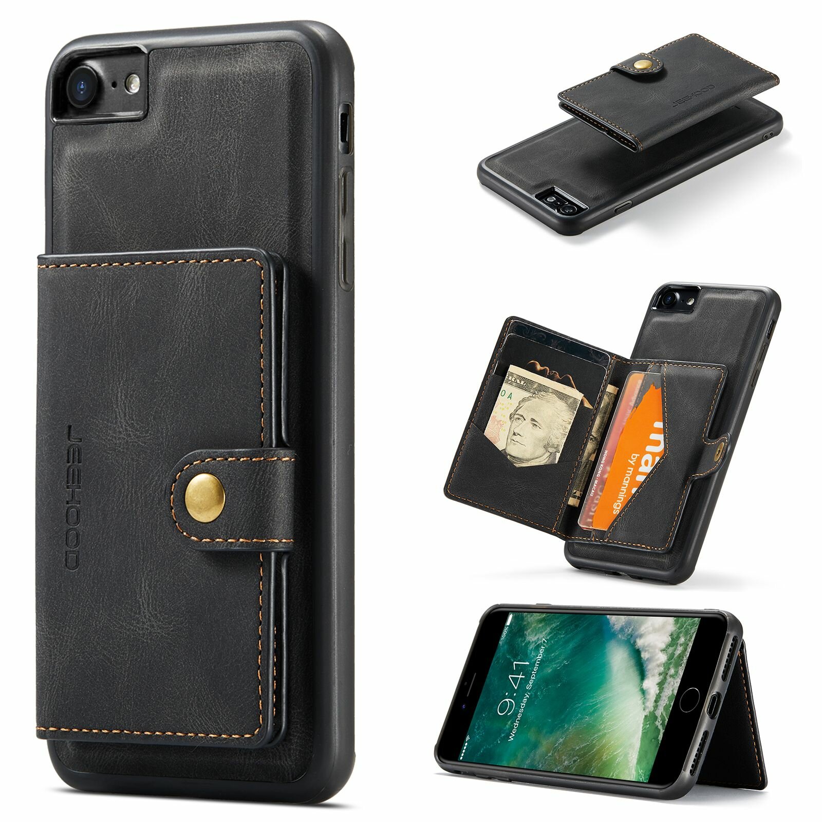 JEEHOOD Mагнитный кожаный чехол для Apple iPhone 7 / 8 / SE 2020 (SE 2) / SE 2022 (SE 3) /Айфон 7, 8, СЕ 2020 (СЕ 2), СЕ 2022 (СЕ 3) , держатель магнитной карты, 2-в-1 чехол из спилка