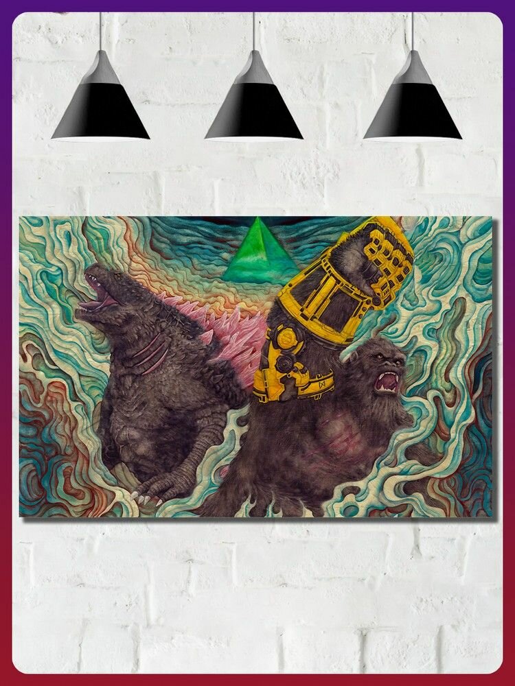 Картина интерьерная на рельефной доске Фильмы Годзилла х Конг (Кингконг, фантастика, животные, звери, обезьяна, динозавр) - 62412200